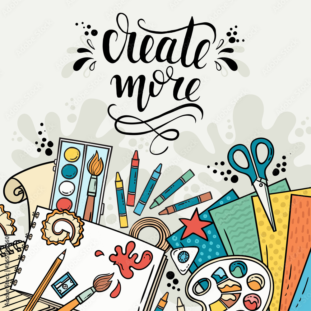 Vector cartoon cover on the theme of creation and art. Colorful ...