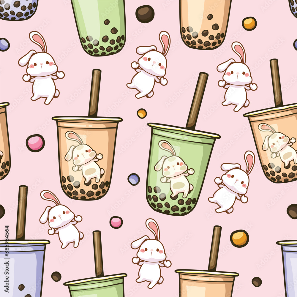 Seamless pattern of Bubble milk tea with white rabbit cartoon ...