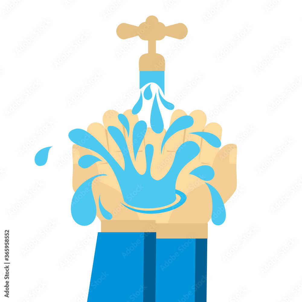Vector illustration of a faucet and running water splashed on cupped ...