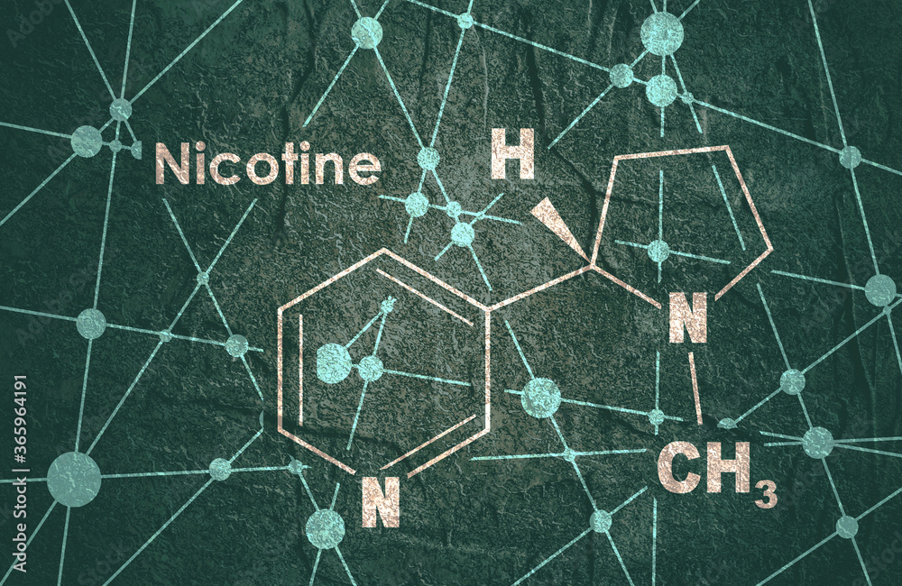 Chemical molecular formula of nicotine. Connected lines with dots ...