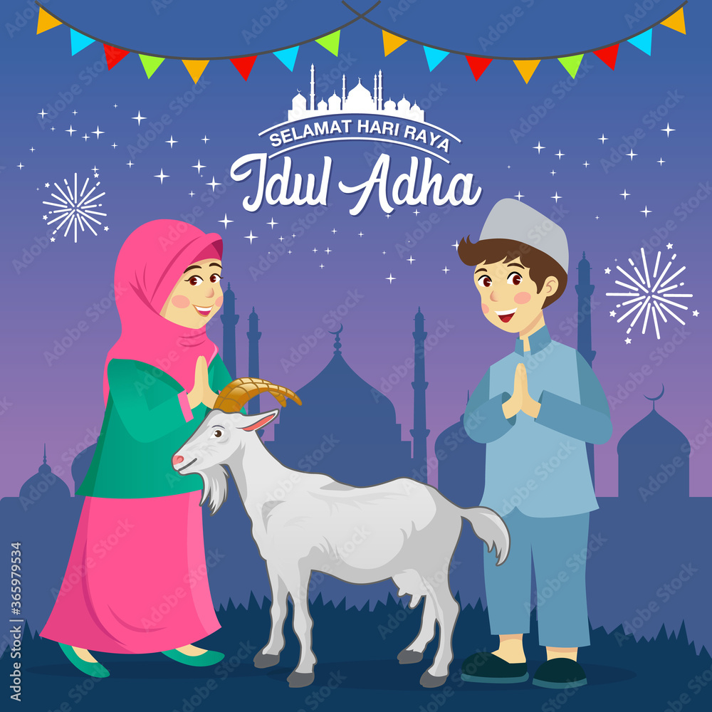Eid al Adha greeting card. Cute cartoon muslim kids celebrating Eid al ...