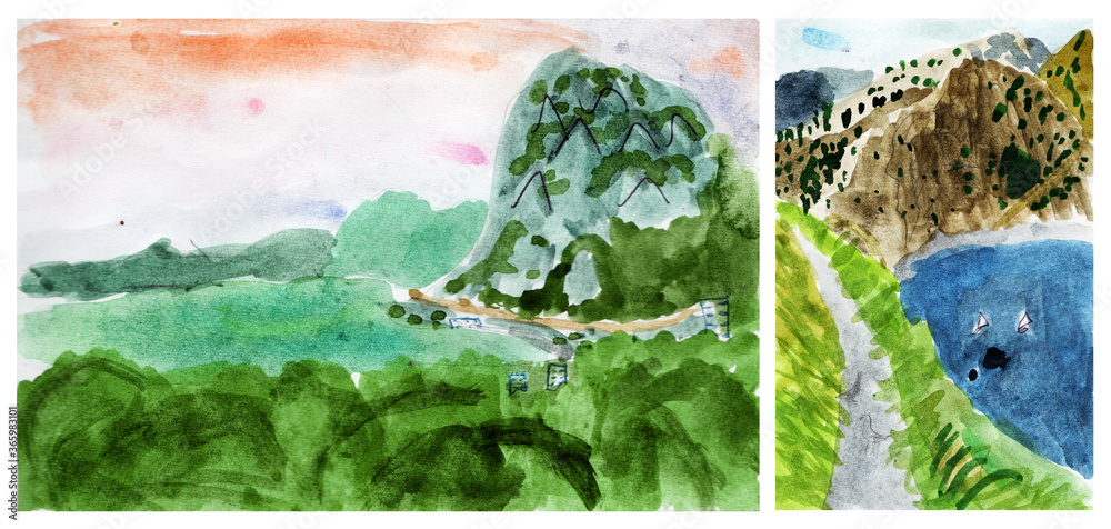 Watercolor fantasy ocean coast landscape with sunset, mountains, sandy ...