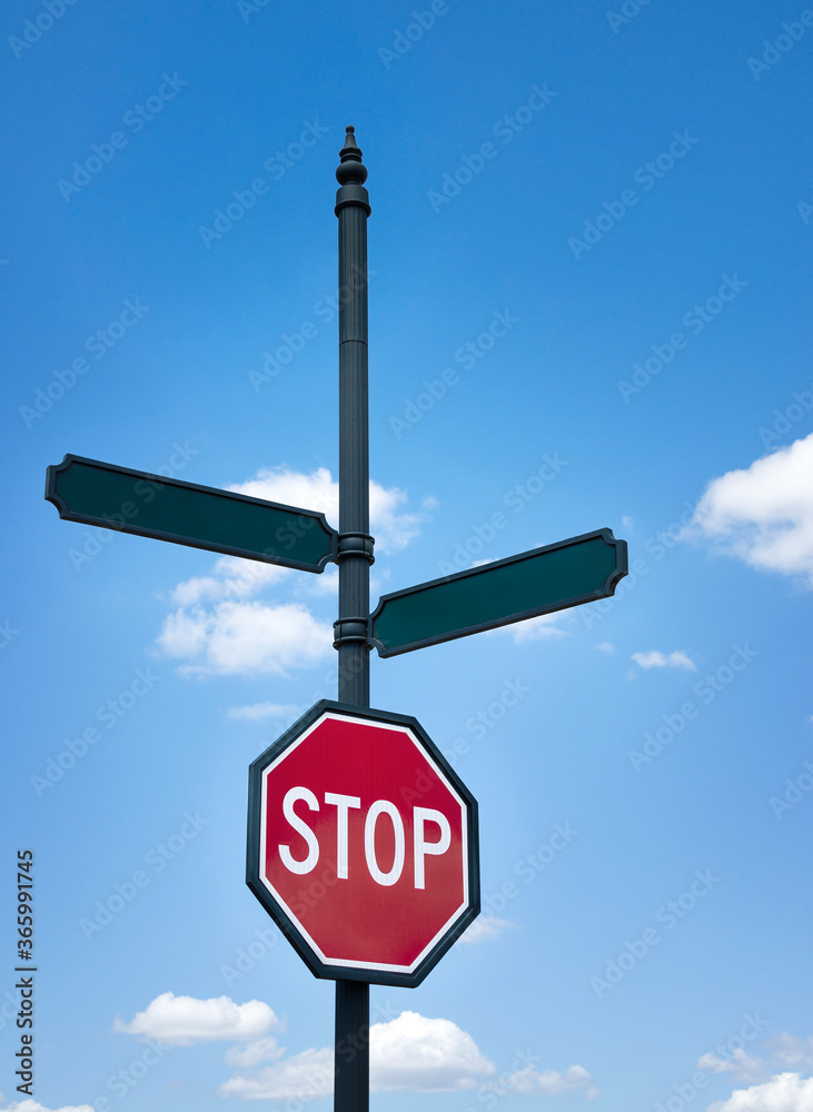 A stop sign and blank street signs against blue sky and white clouds ...