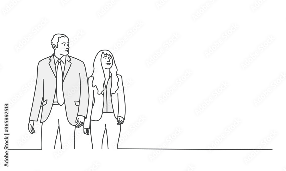 Business people standing. Man and woman. Line drawing vector ...