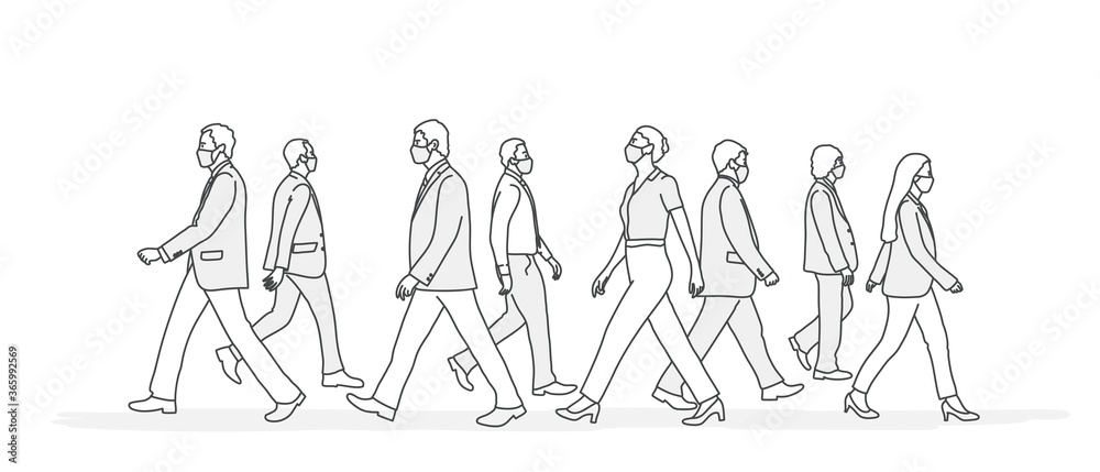 Walking people in protective masks. Crowd of people. Line drawing ...