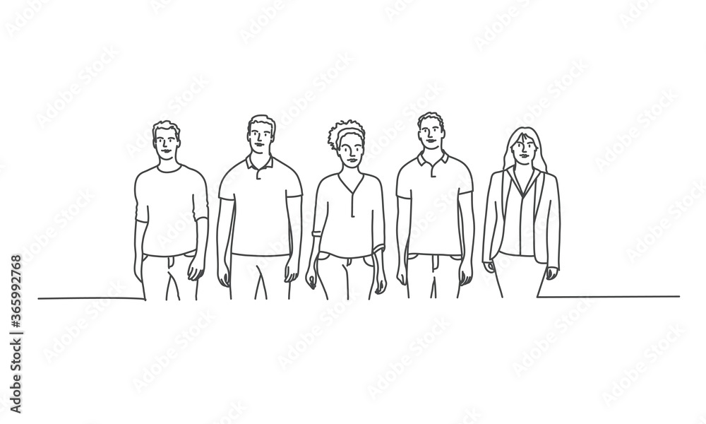 Diverse group of standing people. Line drawing vector illustration ...