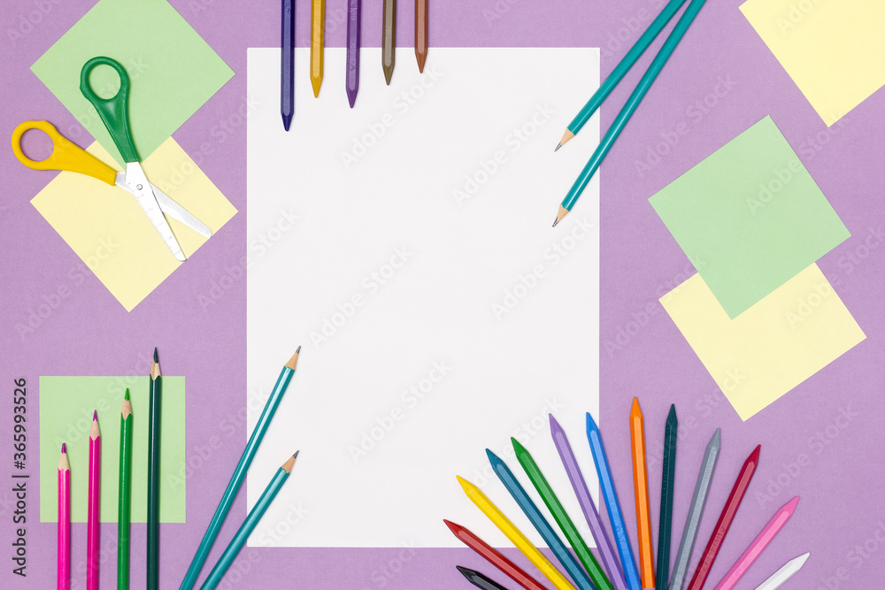 Empty paper, crayons, scissors on the table. Creativity, drawing ...