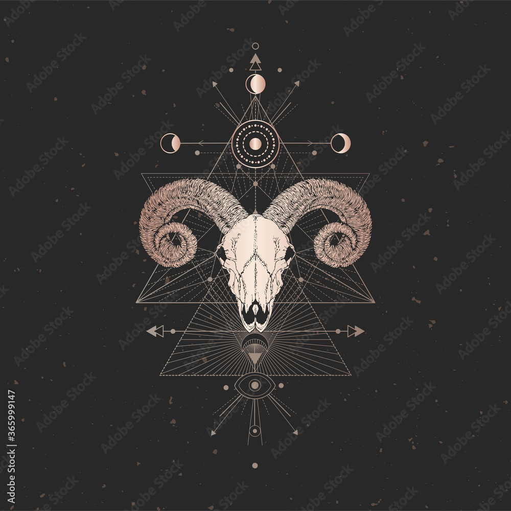 Vector illustration with hand drawn Ram skull and Sacred geometric ...