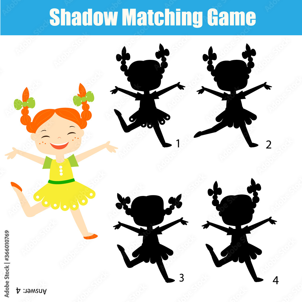 Shadow matching game. Kids activity with cartoon happy girl Stock ...