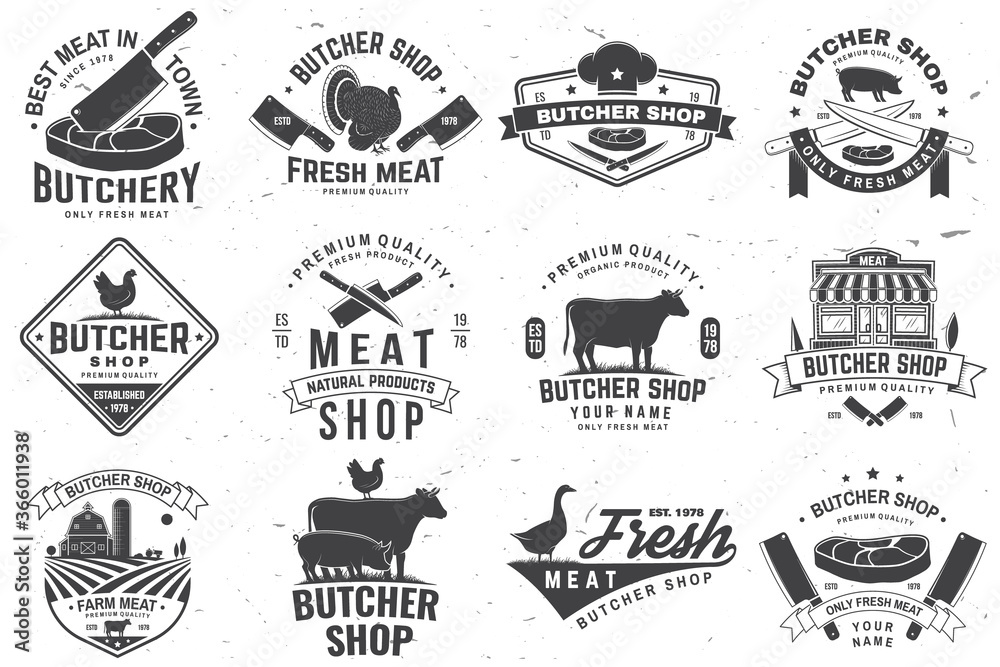 Set of butcher shop badge or label with cow, Beef, chicken. Vector ...