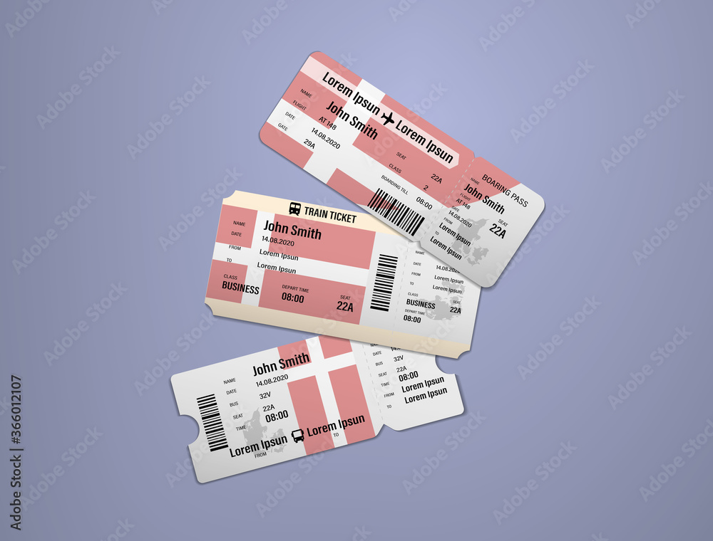 Modern design of Denmark airline, bus and train travel boarding pass ...