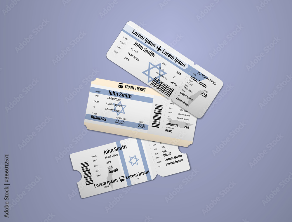 Modern design of Israel airline, bus and train travel boarding pass ...