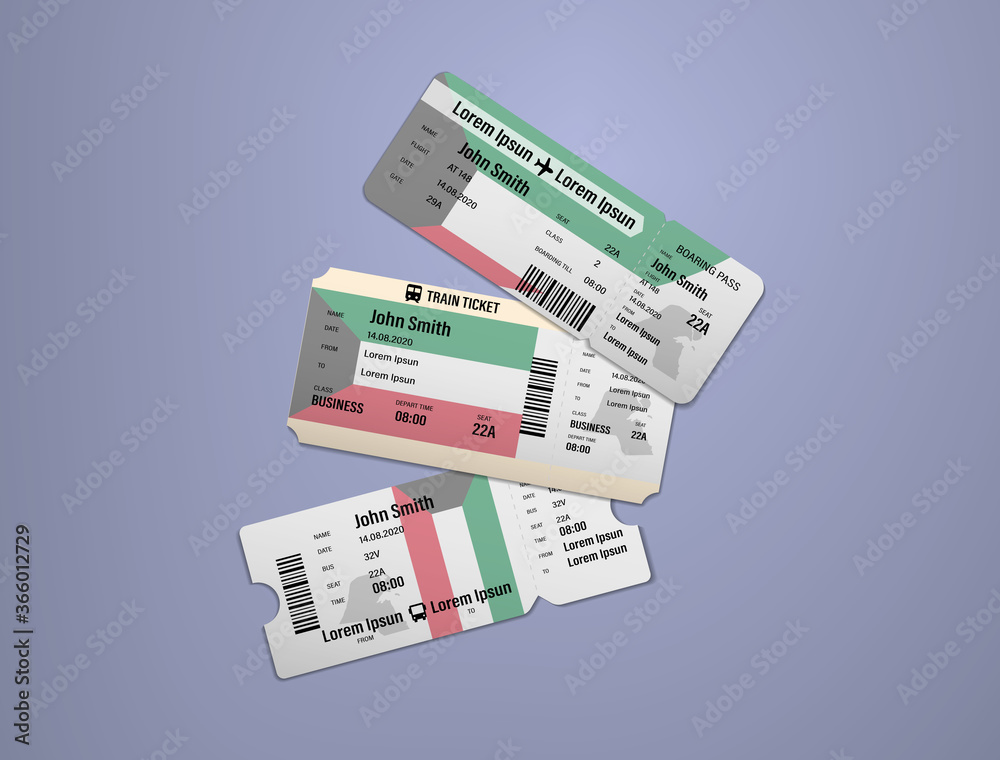 Modern design of Kuwait airline, bus and train travel boarding pass ...