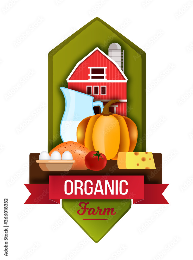Organic farm food vector label with milk, eggs, pumpkin, barn, red ...