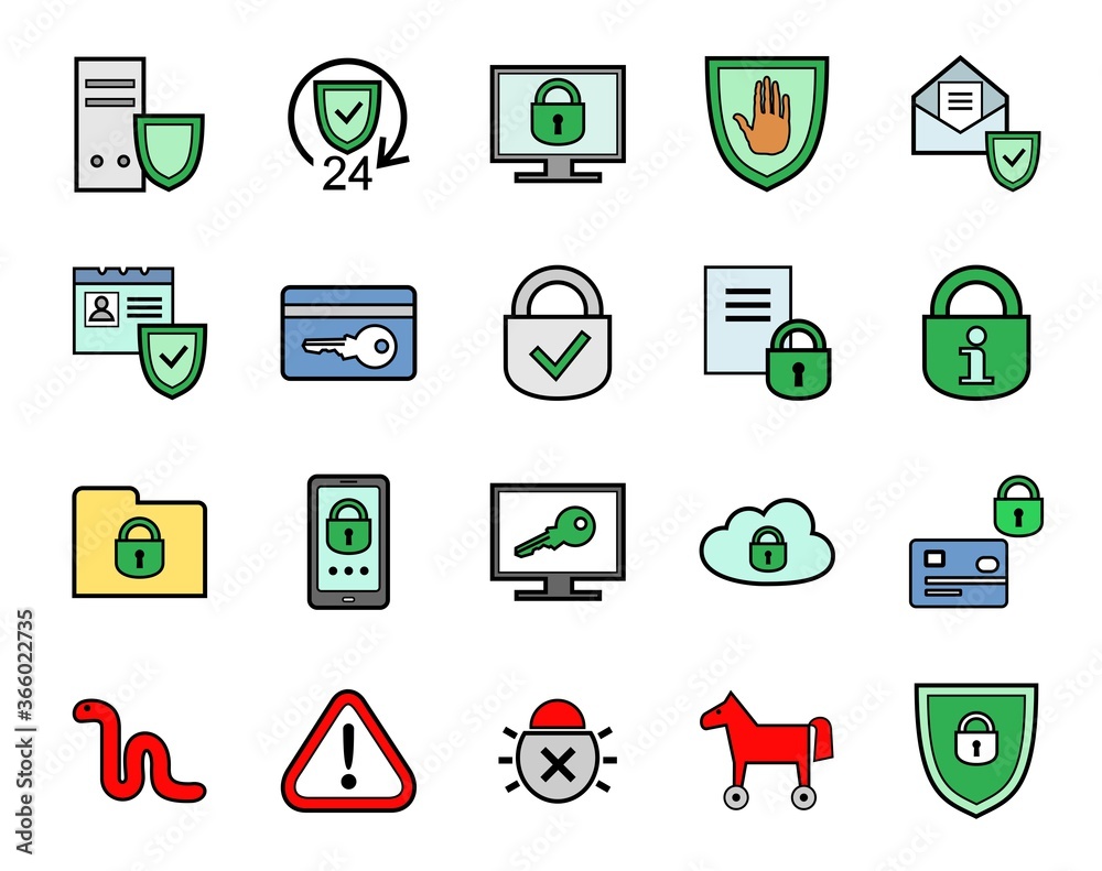 Personal data protection, icon set, color. Color images with a black ...