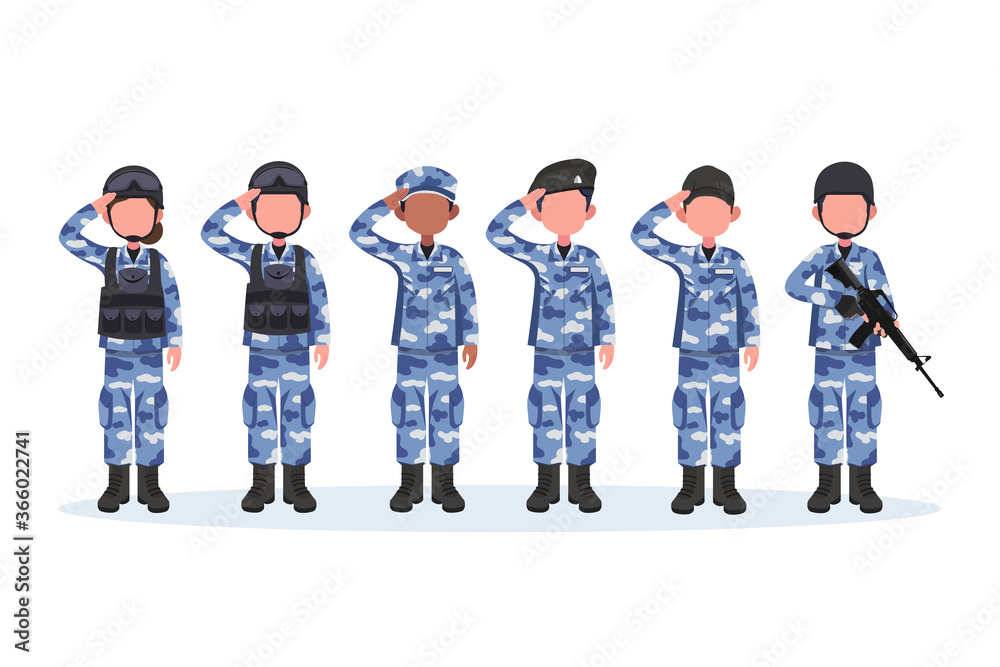 Group of army, men and woman, in camouflage combat uniform saluting ...