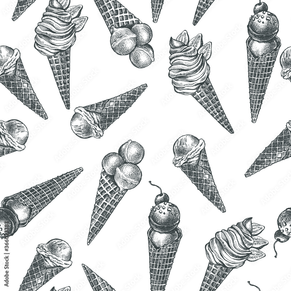 Decorative seamless pattern with Ink hand drawn different types of ice ...