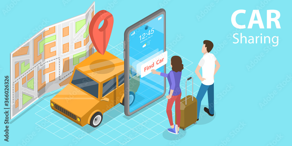 Vetor de 3D Isometric Flat Vector Concept of Car Sharing Service App ...