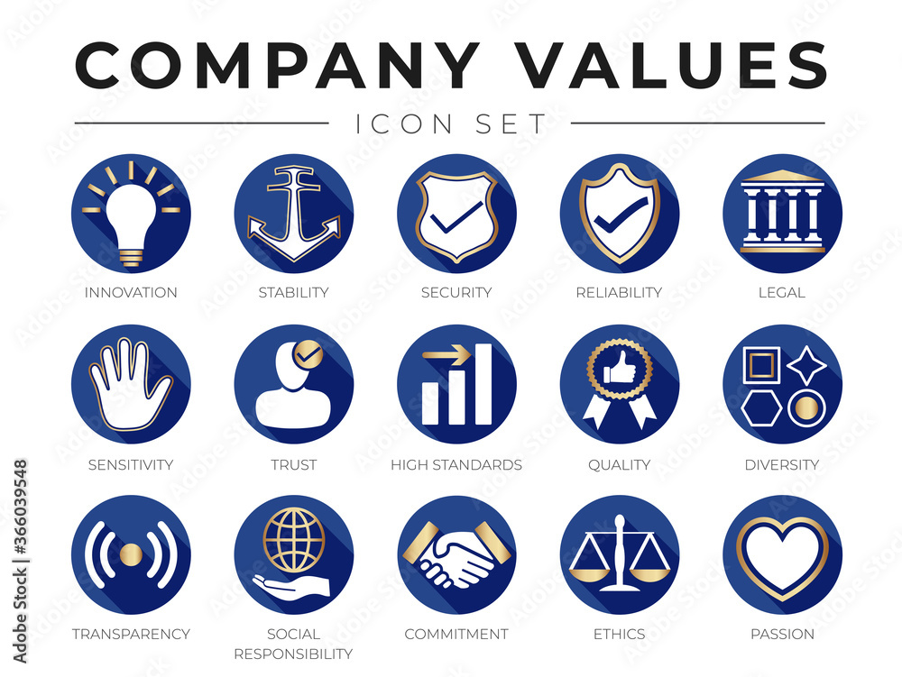Flat Gold Company Core Values icon Set. Innovation, Stability, Security ...