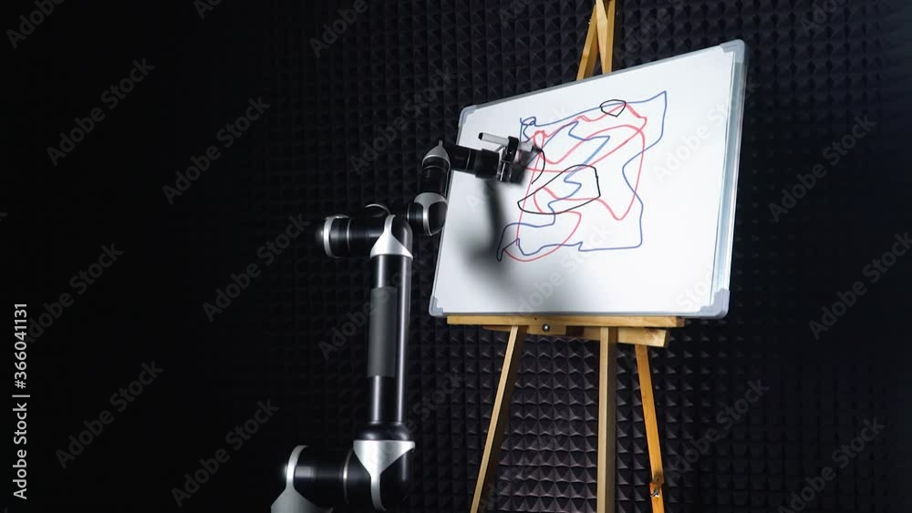 Programmed robot draws a picture, a futuristic robot hand draws a ...