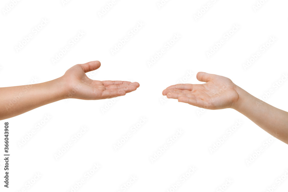 Palms, giving. Children's hand, palm gesturing isolated on white studio ...