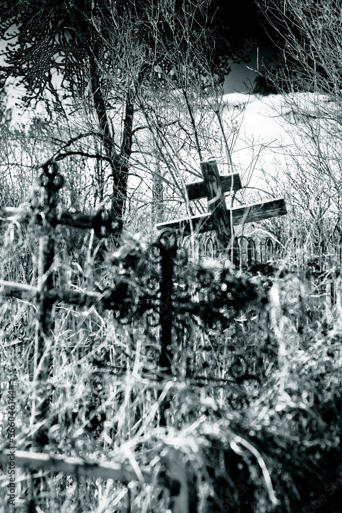 Scary orthodox crosses at cemetery Stock Photo | Adobe Stock