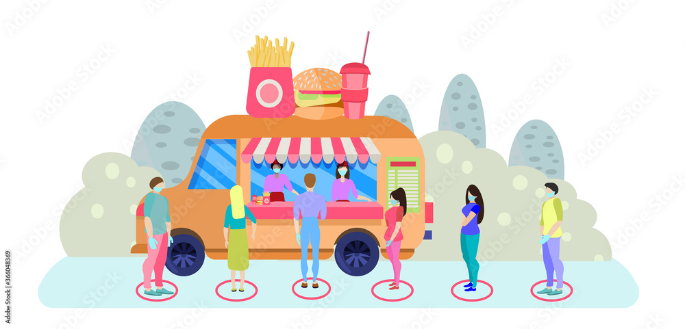 Line at car fast food. Street food festival. Street Food Truck concept ...