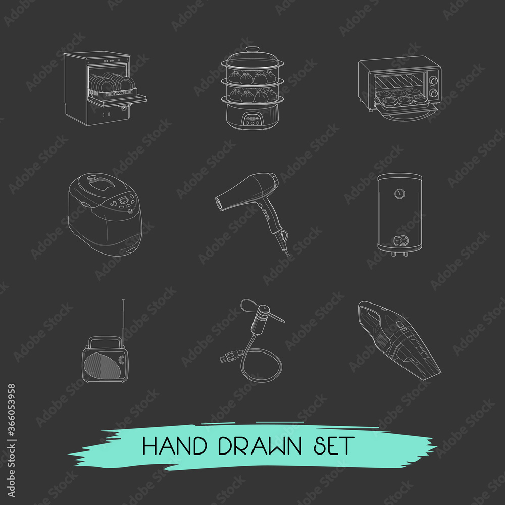 Set of utility icons line style symbols with sweeper, radio, electric ...