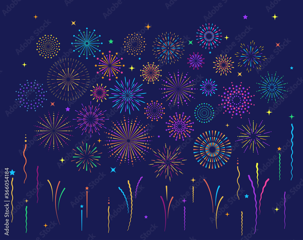 Star shape colorful fireworks explosion pattern set. Flat composition ...