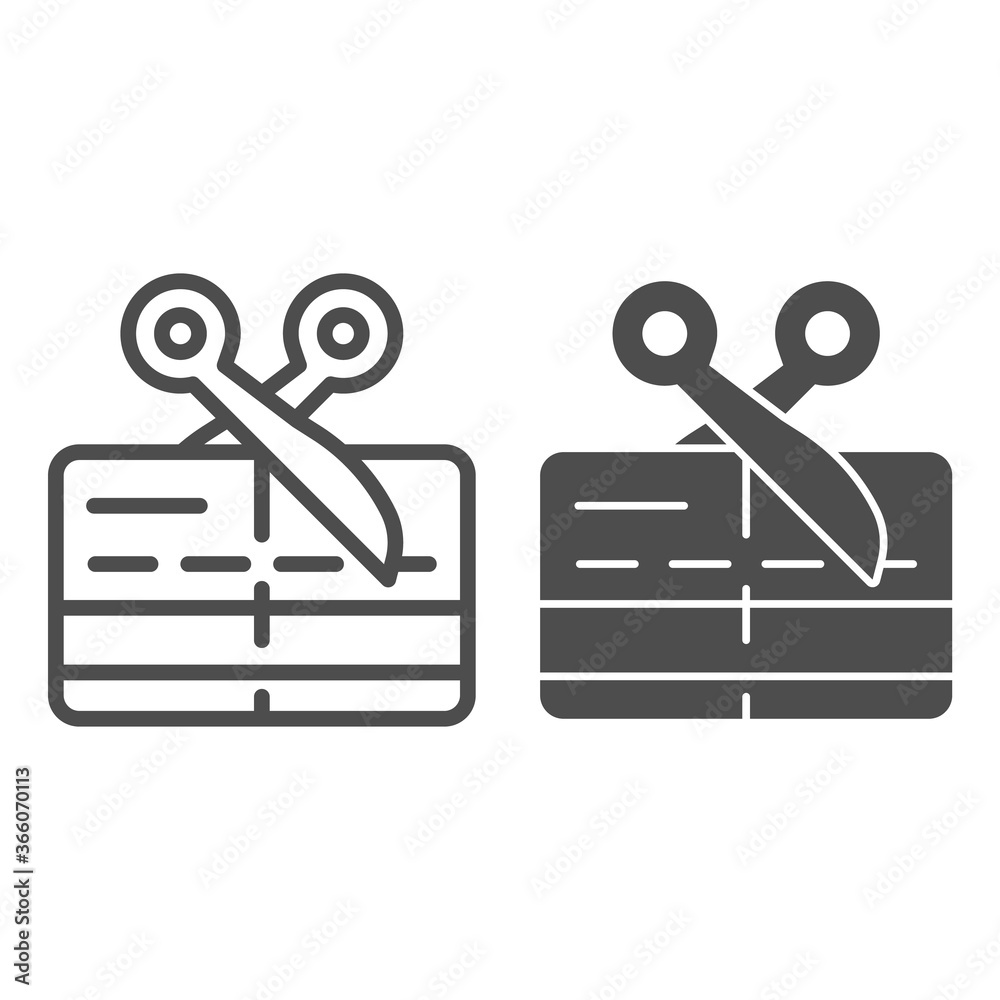 Scissors and credit card line and solid icon, Payment problem concept ...