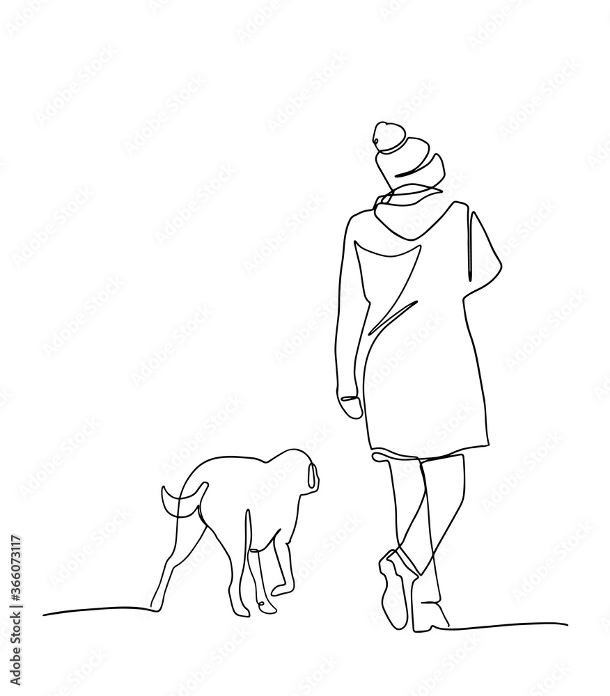 continuous line drawing of woman walking exercise with dog. One ...