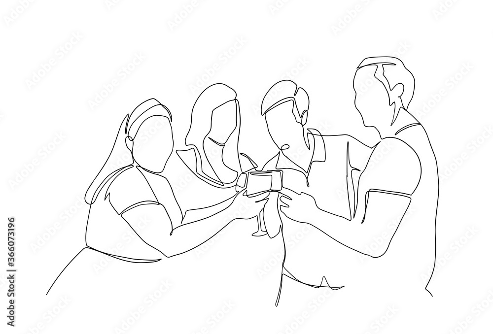 Continuous line drawing of company of friends celebrating.. Continuous ...