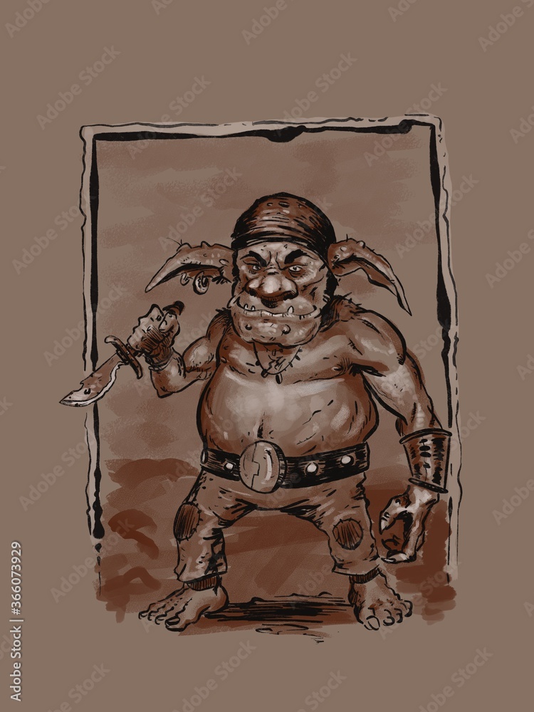 Digital pen and ink drawing of a goblin pirate with a dagger and ...