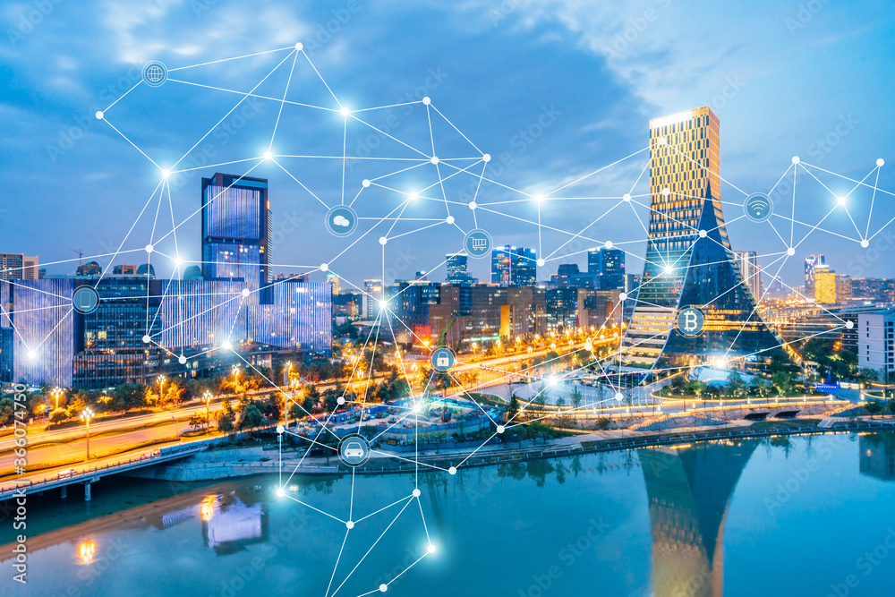 Big data concept of high-rise building night view and urban ...