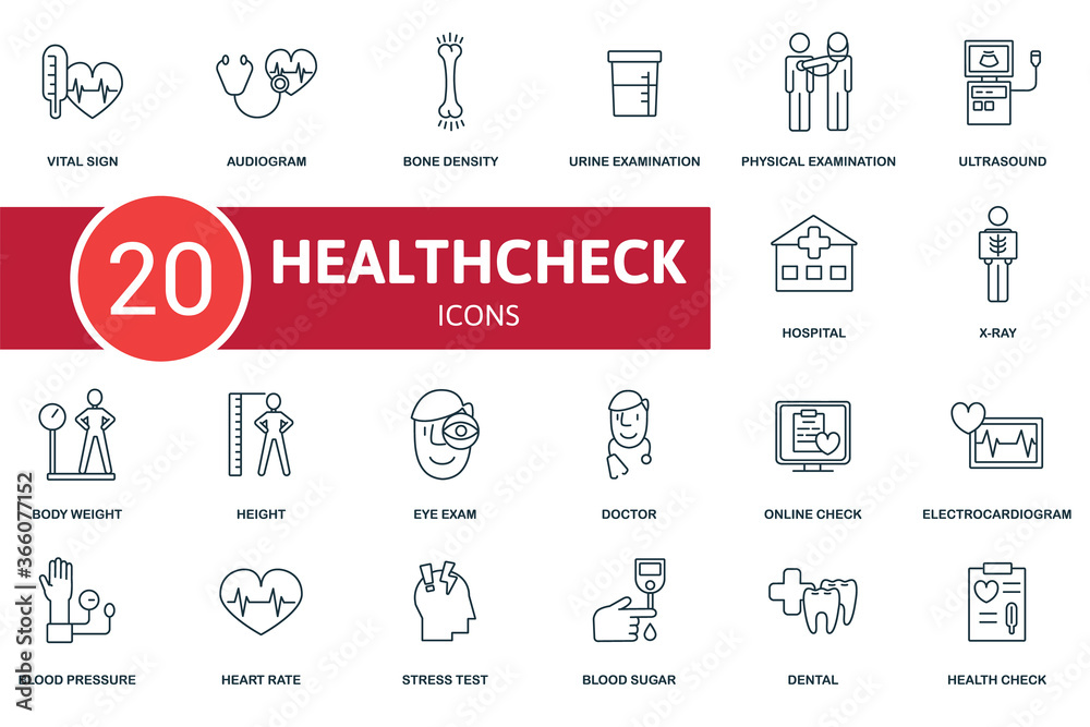 Health Check icon set. Collection contain doctor, body weight, eye exam ...