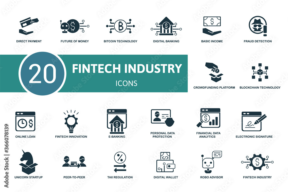 Fintech Industry icon set. Collection contain robo advisor, peer-to ...