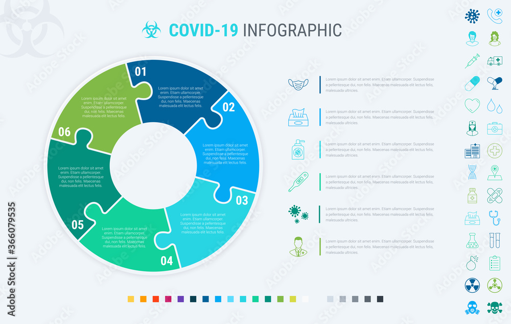 Coronavirus modular infographic template with 6 steps. Covid-19 ...