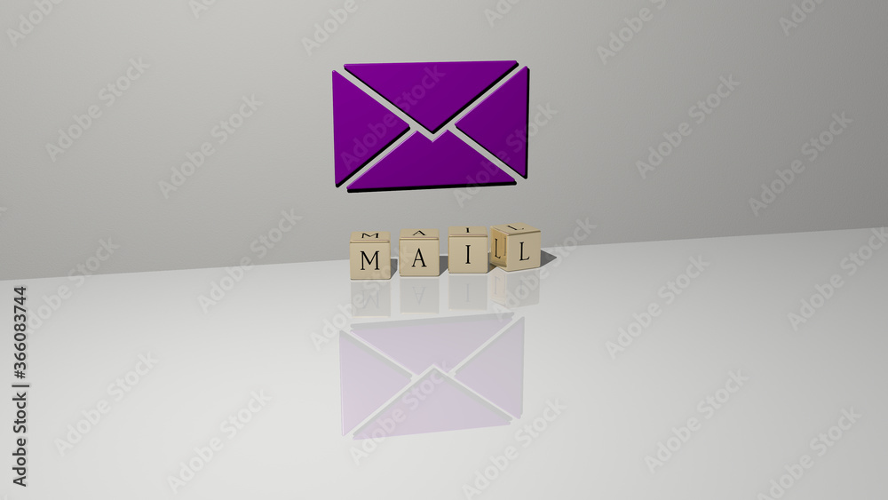 3D illustration of mail graphics and text made by metallic dice letters ...