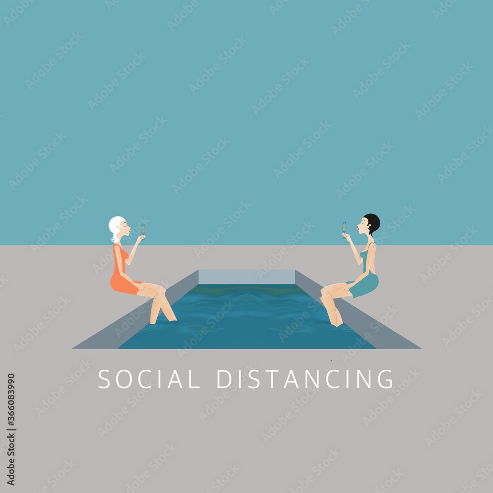 women at the pool keep their distance, concept, barrier gestures, text ...