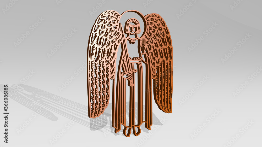 angel with sword made by 3D illustration of a shiny metallic sculpture ...