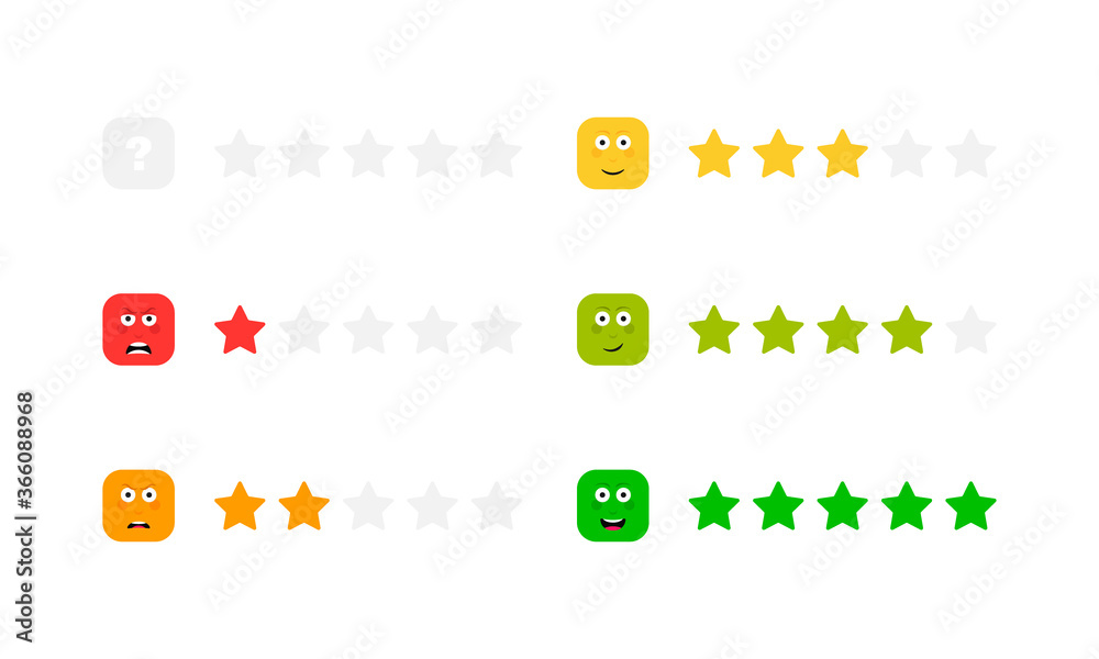 Star rating with different face emotion. Feedback scale. Angry, sad ...