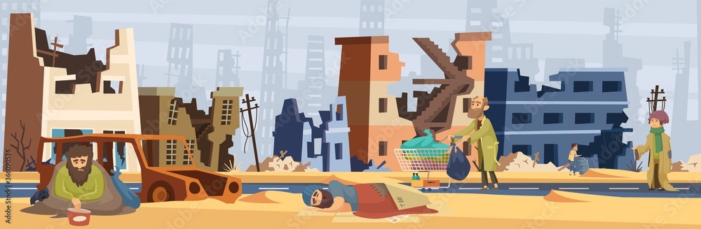 Poor people in damaged city. War affected people, broken homes and road ...