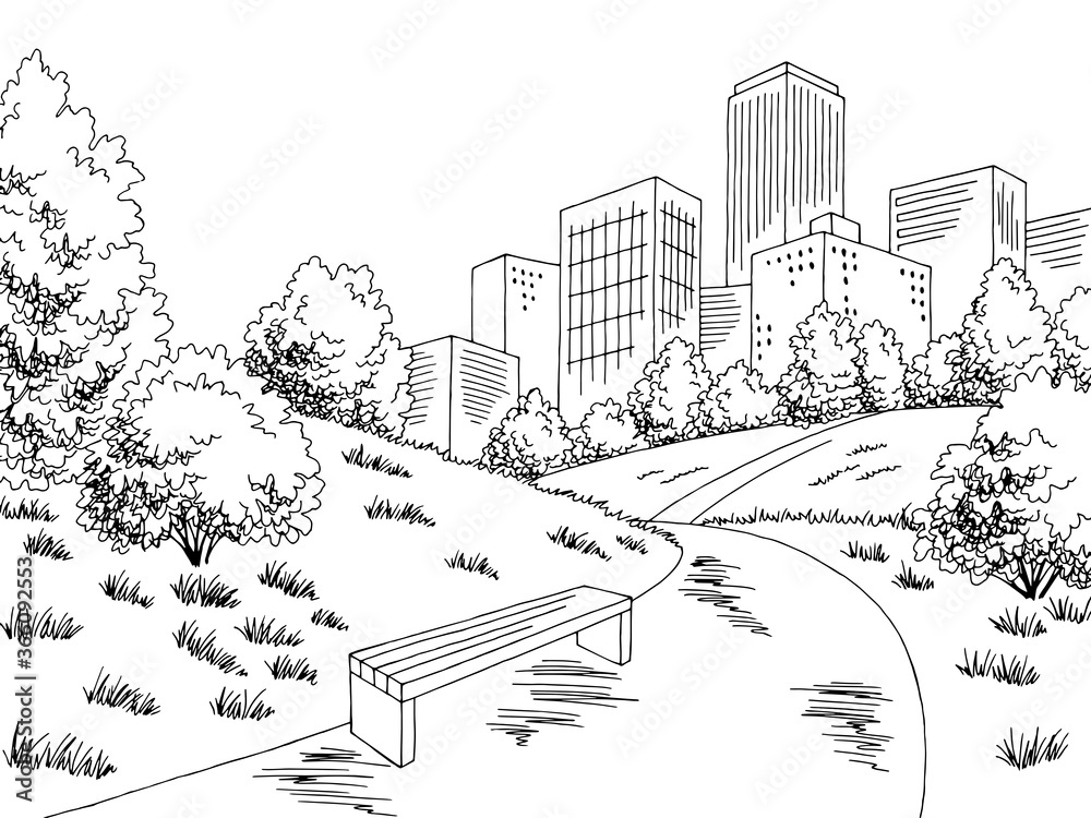Park graphic black white city landscape sketch illustration vector ...