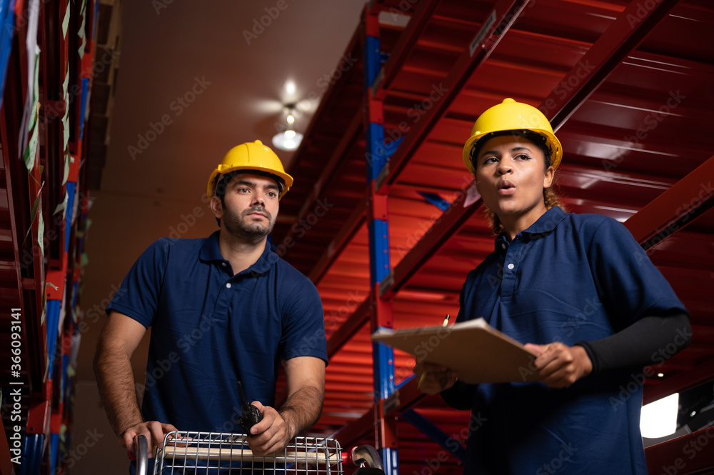 Group of warehouse workers logistic team wearing hardhats working in ...