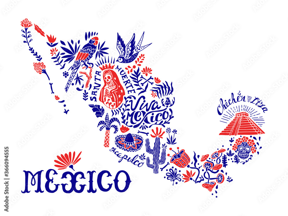 Illustrated stylized map of Mexico. National elements and symbols ...