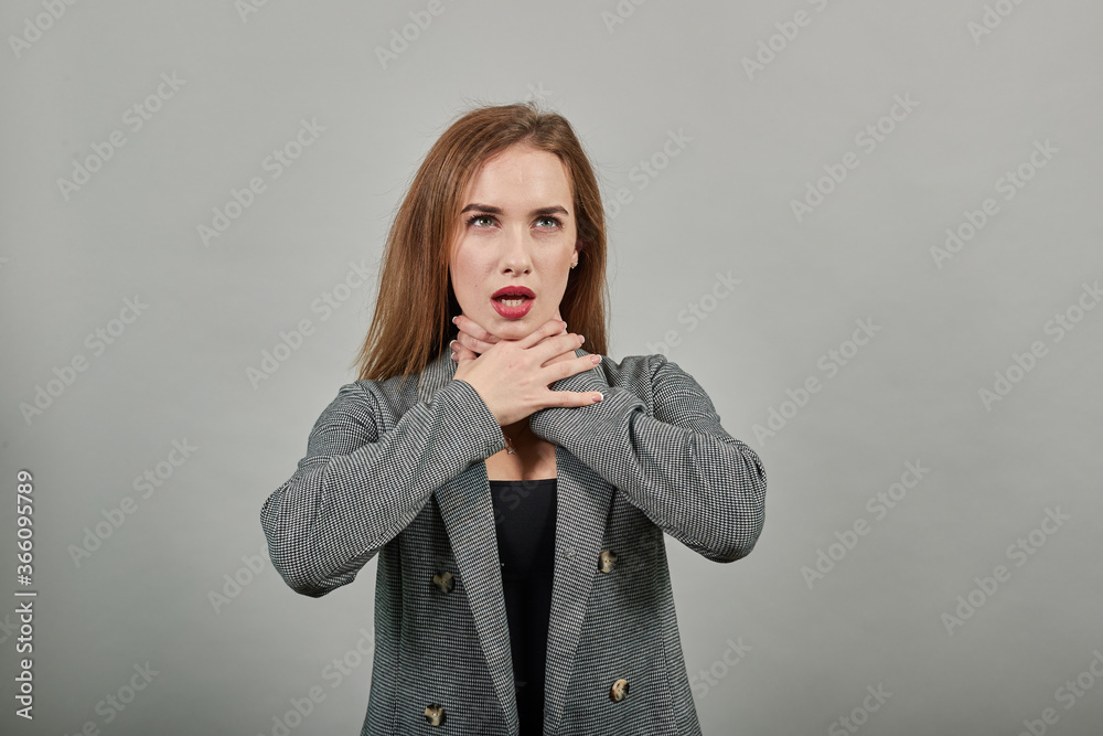 Hands around throat, screaming, panicking in trouble as chokes on food ...