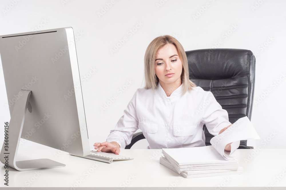 Office worker white background. Woman is sitting office table. Office ...