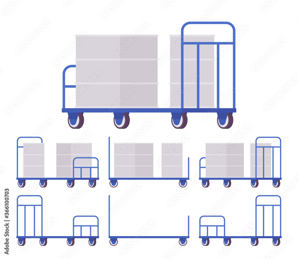 Push cart cargo blue trolley set, hand moving platform. Dolly for heavy ...