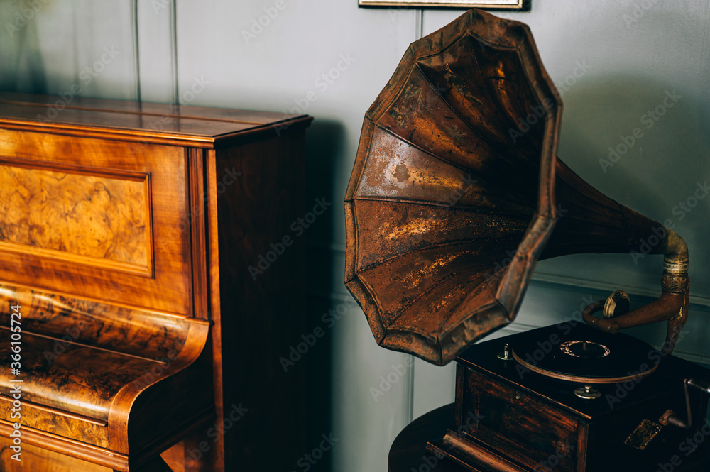 Poster Retro old gramophone radio with horn speaker stands with old ...