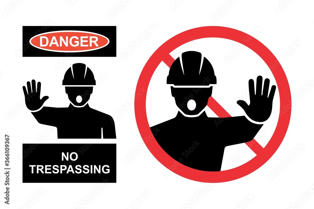 No trespassing. Construction worker with outstretched hand showing stop ...